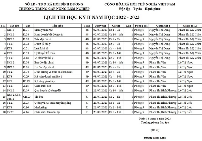Lịch thi HK2, năm học 2022-2023 các lớp VLVH - Trường Trung Cấp Nông Lâm Nghiệp Bình Dương